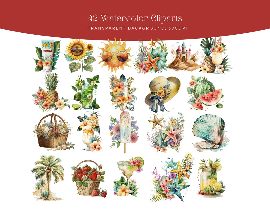 Summer Collection PNG Clipart Seasonal Clipart, Watercolor Summer ...