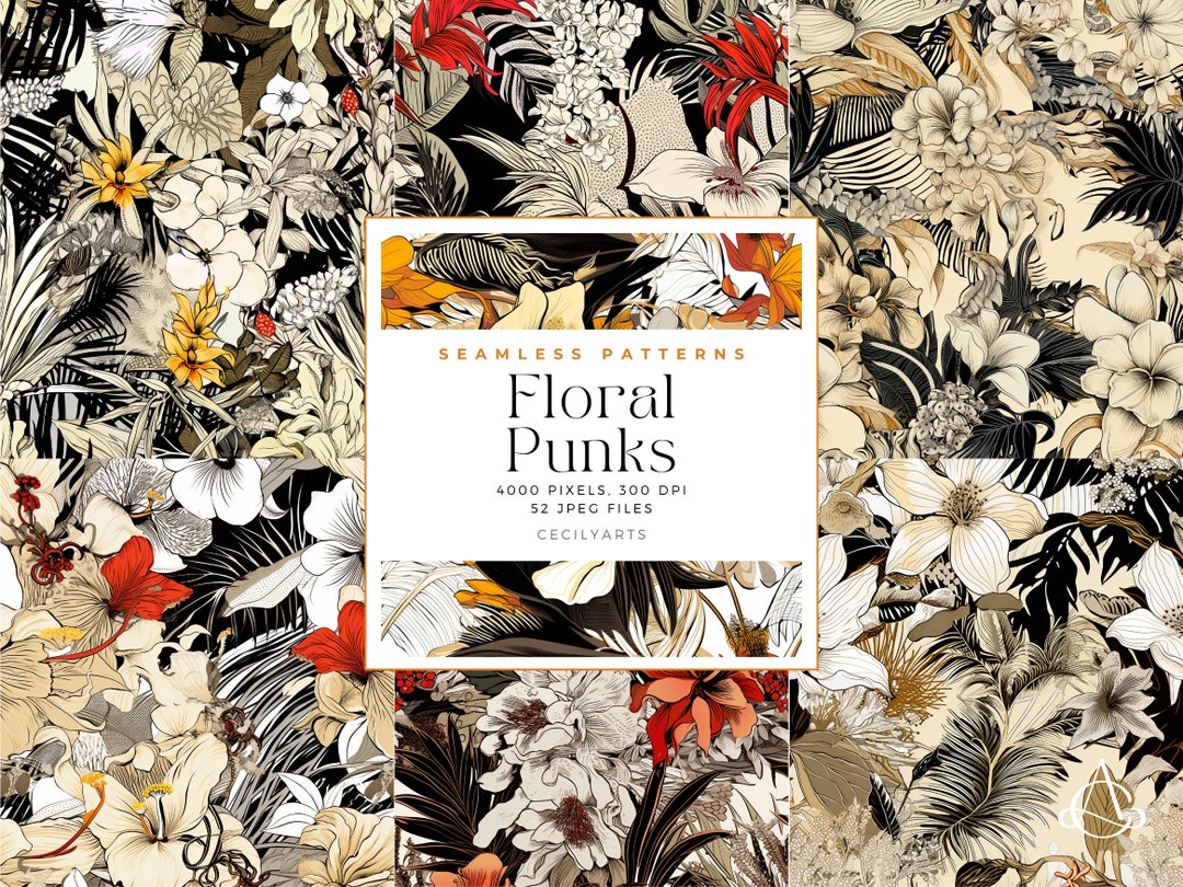 Floral Punks Seamless Patterns, Seamless Floral Patterns, Sublimation, Journaling, Watercolor ...