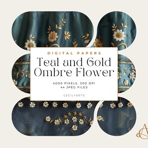 Teal and Gold Ombre Flower Background - Dark Teal and Gold Digital ...