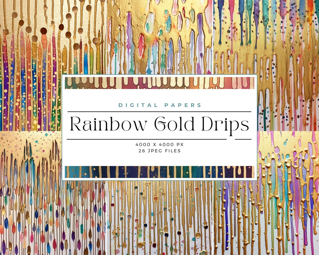 Glittery Digital Paper, Dripping Rainbow Gold Foil Backgrounds for ...