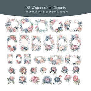Dusty Blue and Pink Peonies Flowers PNG, Watercolor Floral Clipart ...