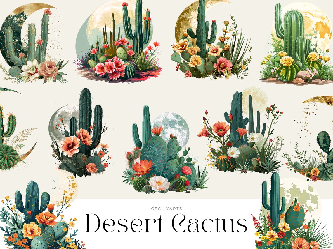 Desert Cactus Cliparts, Watercolor Cactus Clipart, Watercolor Moon ...