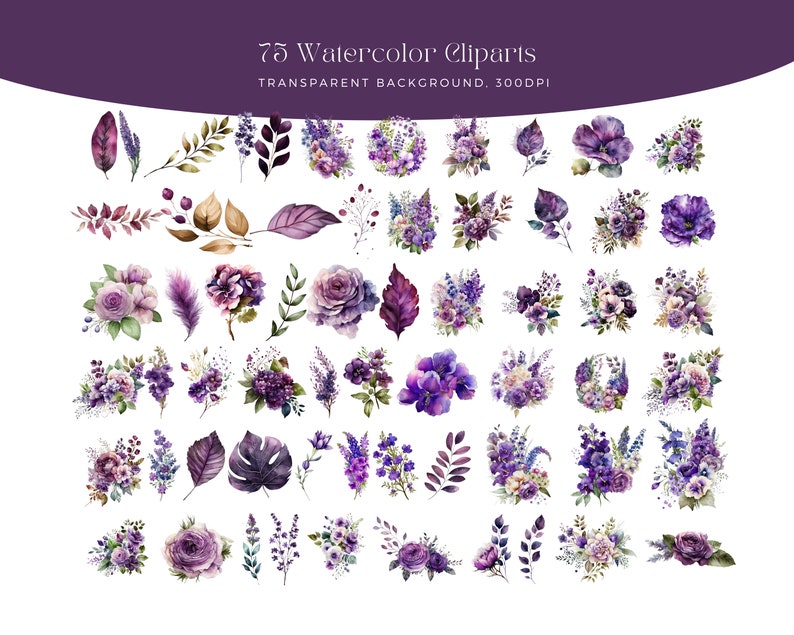 112 Purple Flowers PNG, Watercolor Floral Clipart Bouquets, Elements ...