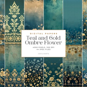 Teal and Gold Ombre Flower Background - Dark Teal and Gold Digital ...