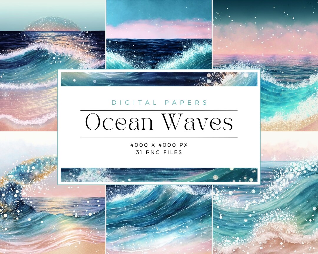 Watercolor Ocean Waves Digital Paper, Water Wave PNG, Glittery Ocean ...