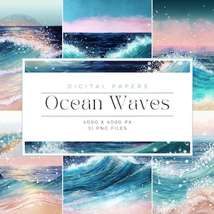 Watercolor Ocean Waves Digital Paper, Water Wave PNG, Glittery Ocean ...