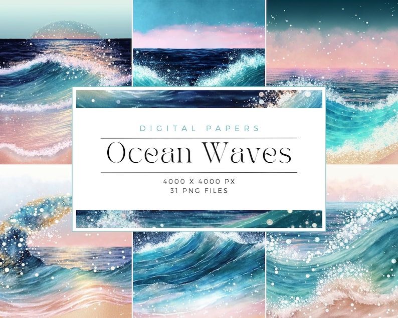 Watercolor Ocean Waves Digital Paper Water Wave PNG Glittery - Etsy