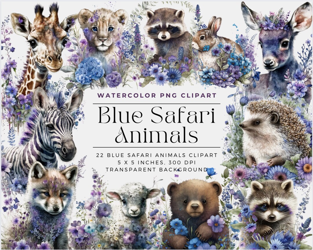 Watercolor Safari Blue Baby Animals Watercolor Clipart, Watercolor ...