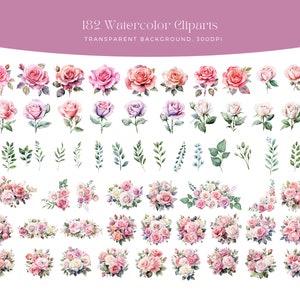 Pink Roses Flowers PNG, Watercolor Floral Clipart Bouquets, Elements ...