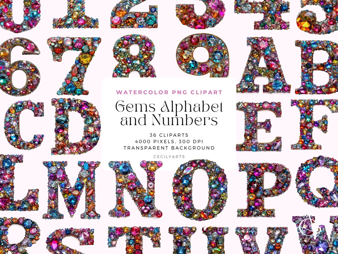 Gems Alphabet and Numbers Cliparts, Alphabet PNG, Floral Alphabet A - Z ...