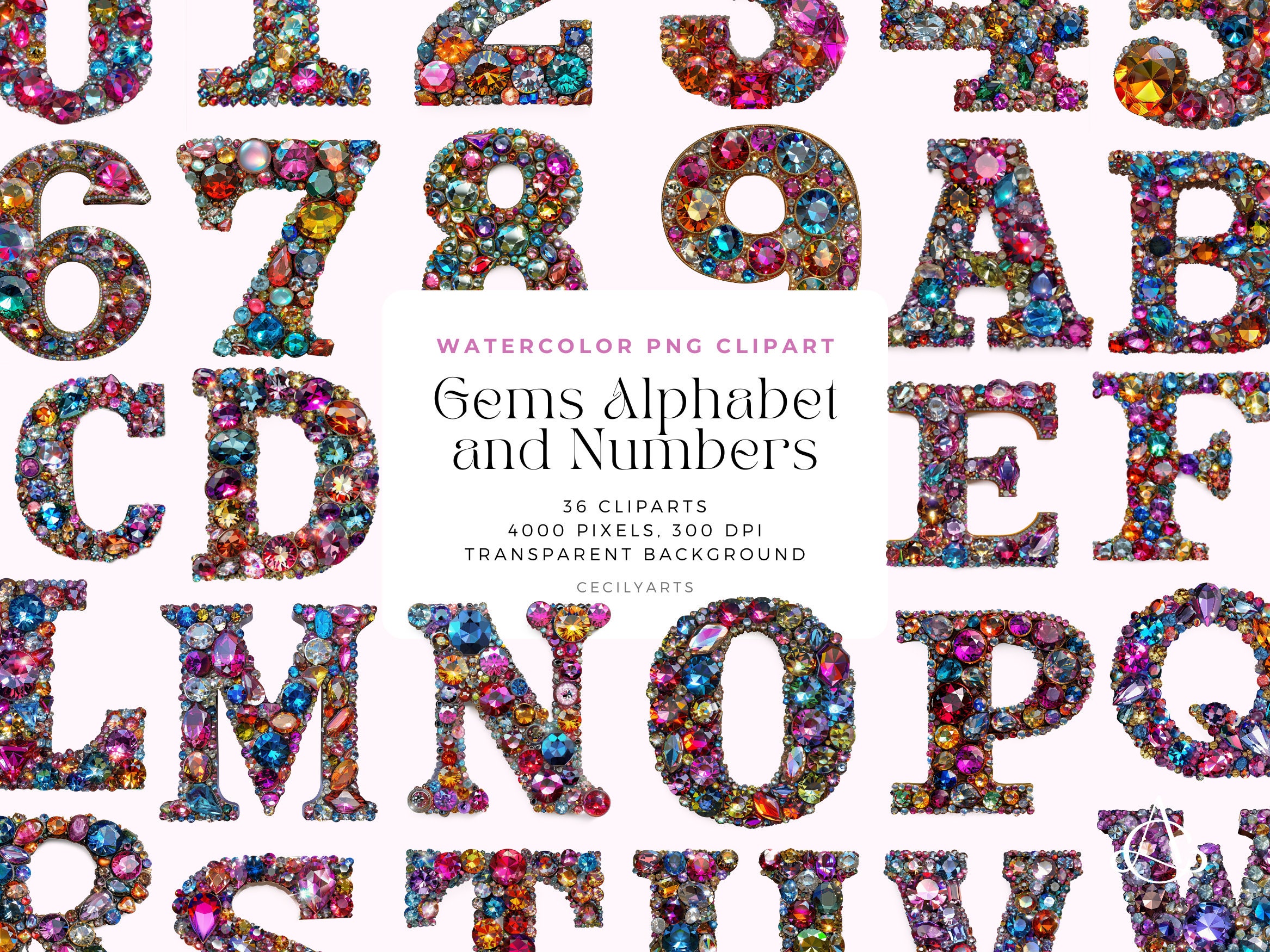 Gems Alphabet and Numbers Cliparts, Alphabet PNG, Floral Alphabet A - Z ...