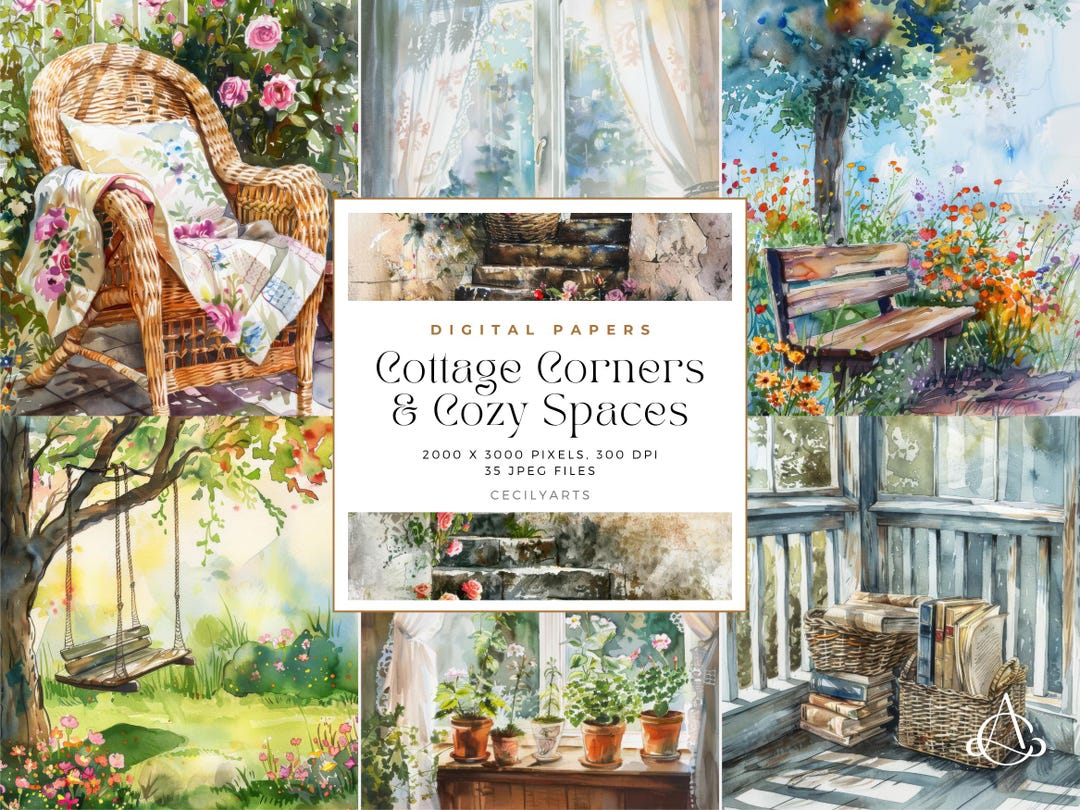 Cottagecore Watercolor Digital Papers, Cozy Cottage Scenes, Garden ...