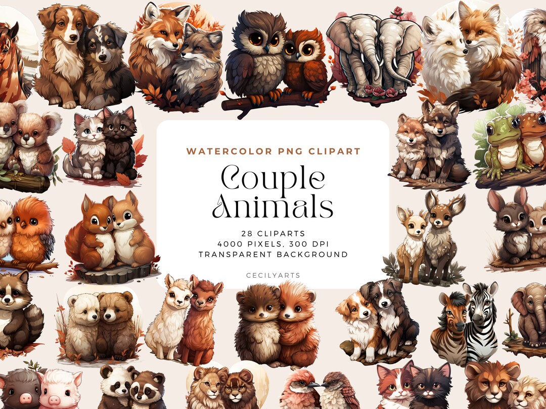 Couple Animals Clipart, Romantic Animal Clipart, Romantic Couple Animal ...