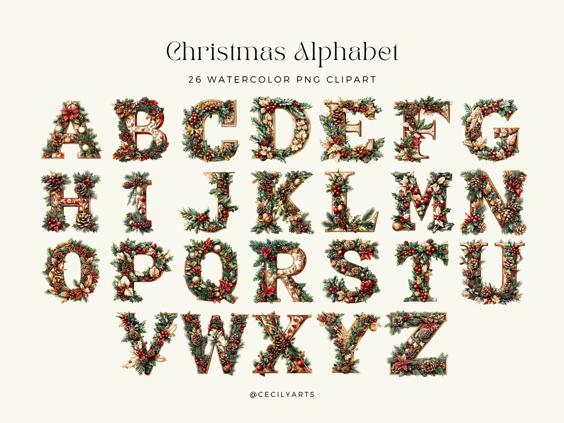 Christmas Floral Alphabet Clipart: Watercolor PNG Letters (digital ...