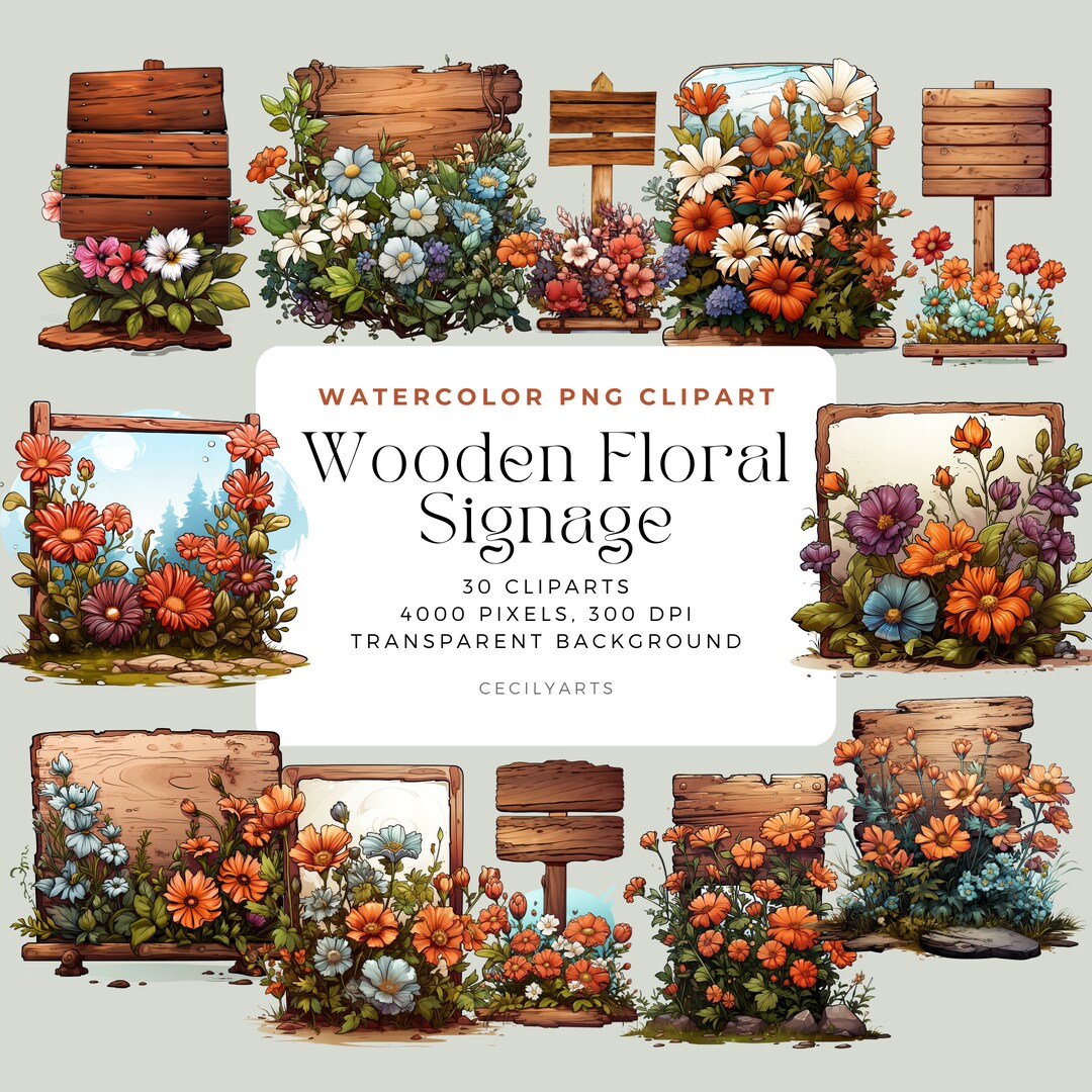 Watercolor Wooden Signs Clipart, Watercolor Floral Clipart Bouquets ...
