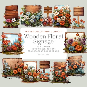 Watercolor Wooden Signs Clipart, Watercolor Floral Clipart Bouquets ...