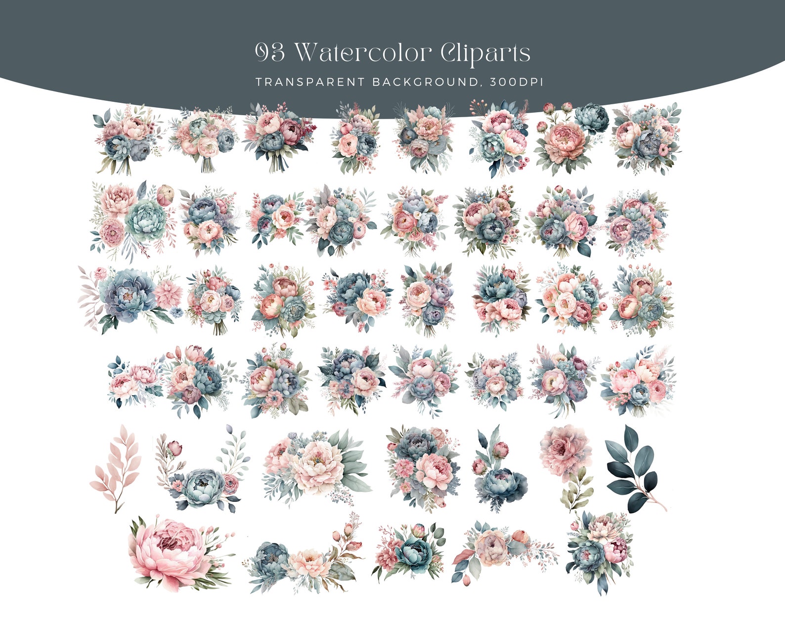Dusty Blue and Pink Peonies Flowers PNG, Watercolor Floral Clipart ...
