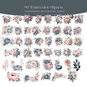 Dusty Blue and Pink Peonies Flowers PNG, Watercolor Floral Clipart ...