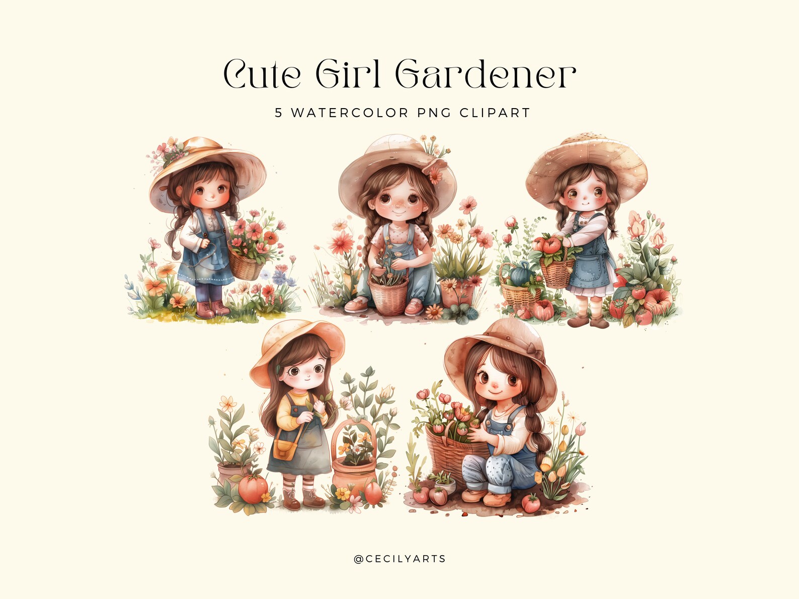 Watercolor Girl Gardener Clipart | Flower Garden Pngs for Scrapbooking ...