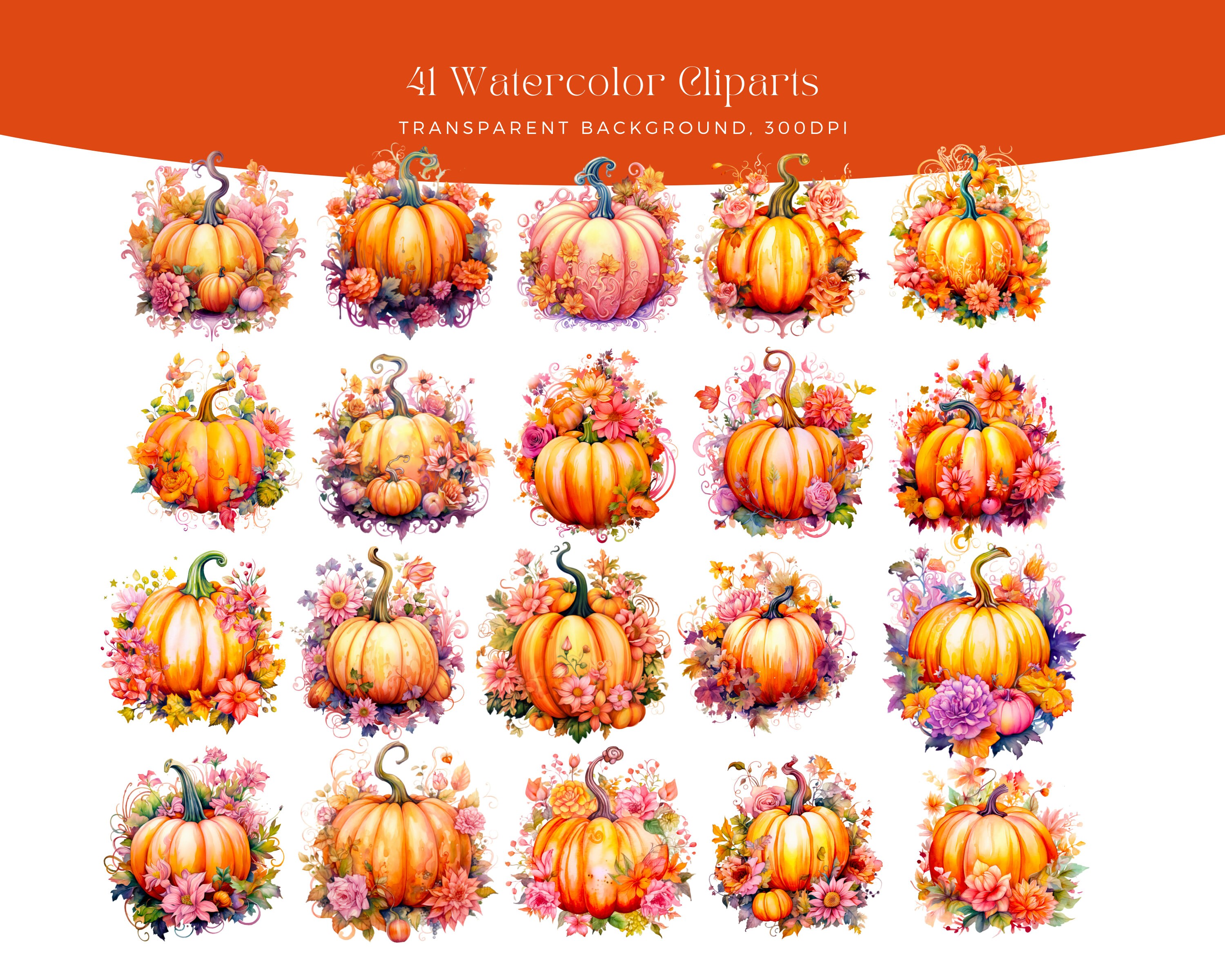 Watercolor Autumn Pumpkin Clipart, Pumpkin Clipart, Autumn Leaves ...