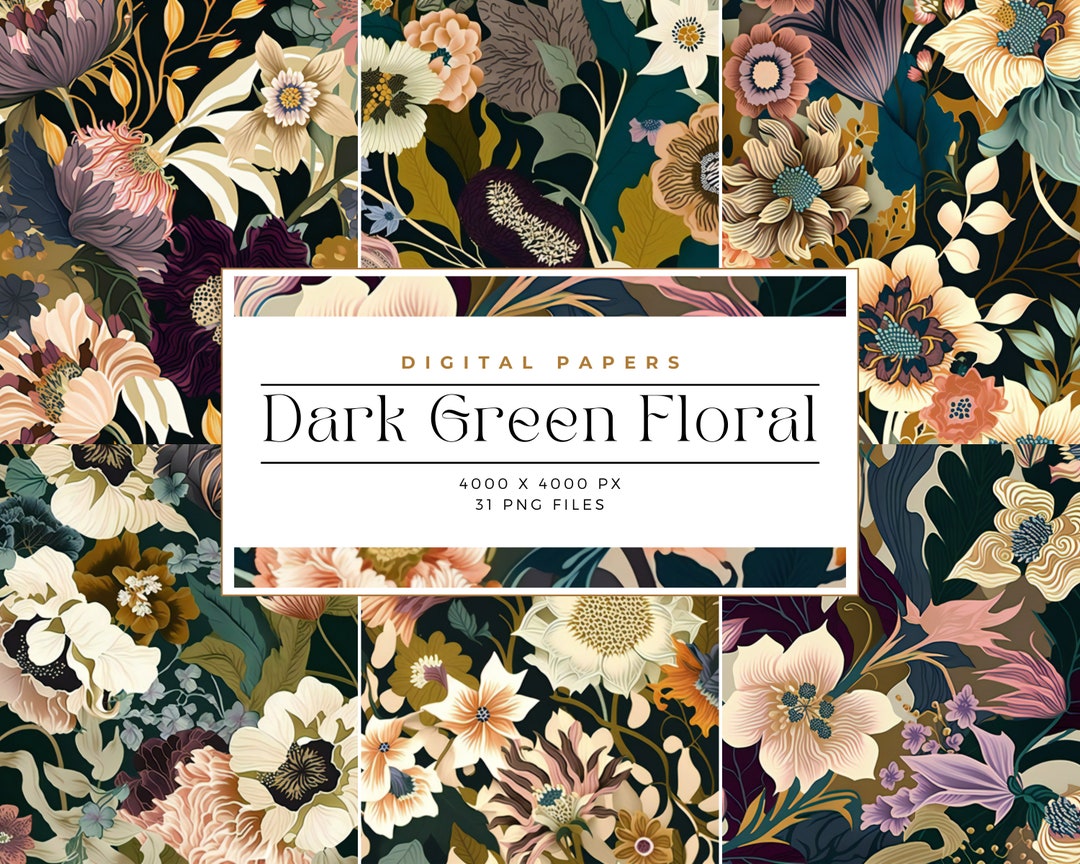 Dark Green Flowers Digital Paper, Floral Digital Paper, Commercial Use ...