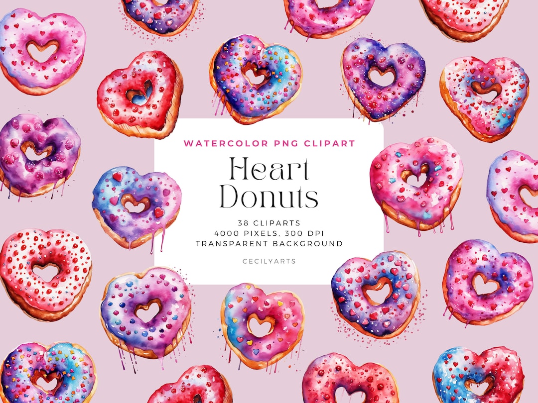 Watercolor Valentines Day Donut Clipart, Heart Donuts, Elements ...