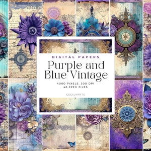 Purple and Blue Vintage Junk Journal Page, Vintage Paper Journal Pages ...