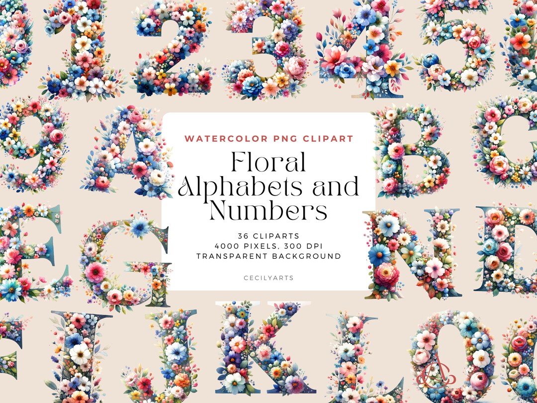 Watercolor Flower Alphabet and Numbers Cliparts, Alphabet PNG, Floral ...
