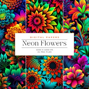 Bright Neon Flowers Digital Paper, Abstract Neon Floral Background ...