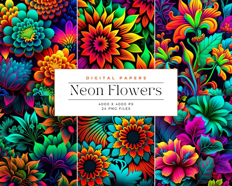 Bright Neon Flowers Digital Paper, Abstract Neon Floral Background ...