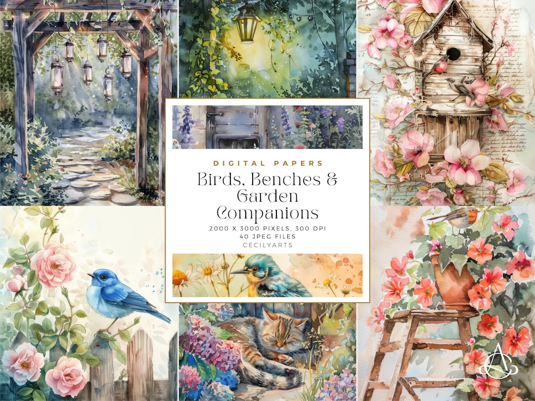 Birds & Garden Watercolor Digital Papers – Floral Birdhouse, Benches ...