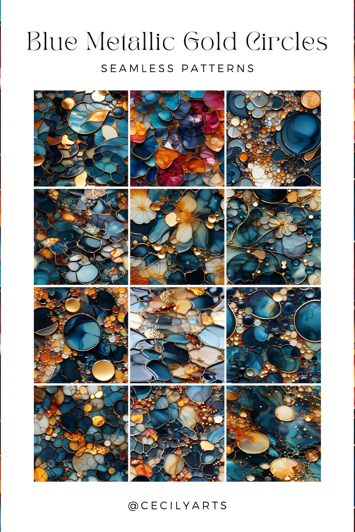 Blue Metallic Gold Circle Seamless Pattern Digital Paper, Glam Digital ...