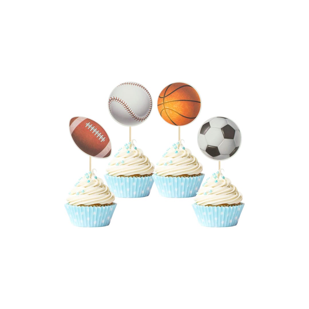 Sports Cupcake Toppers, Soccer Ball, Basketball, Football, Baseball ...
