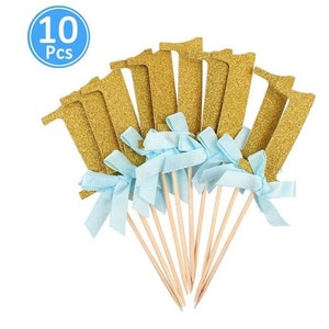 Number 1 Cupcake Topper Gold Glitter With Blue Bow 10/pcs, Happy 1st ...