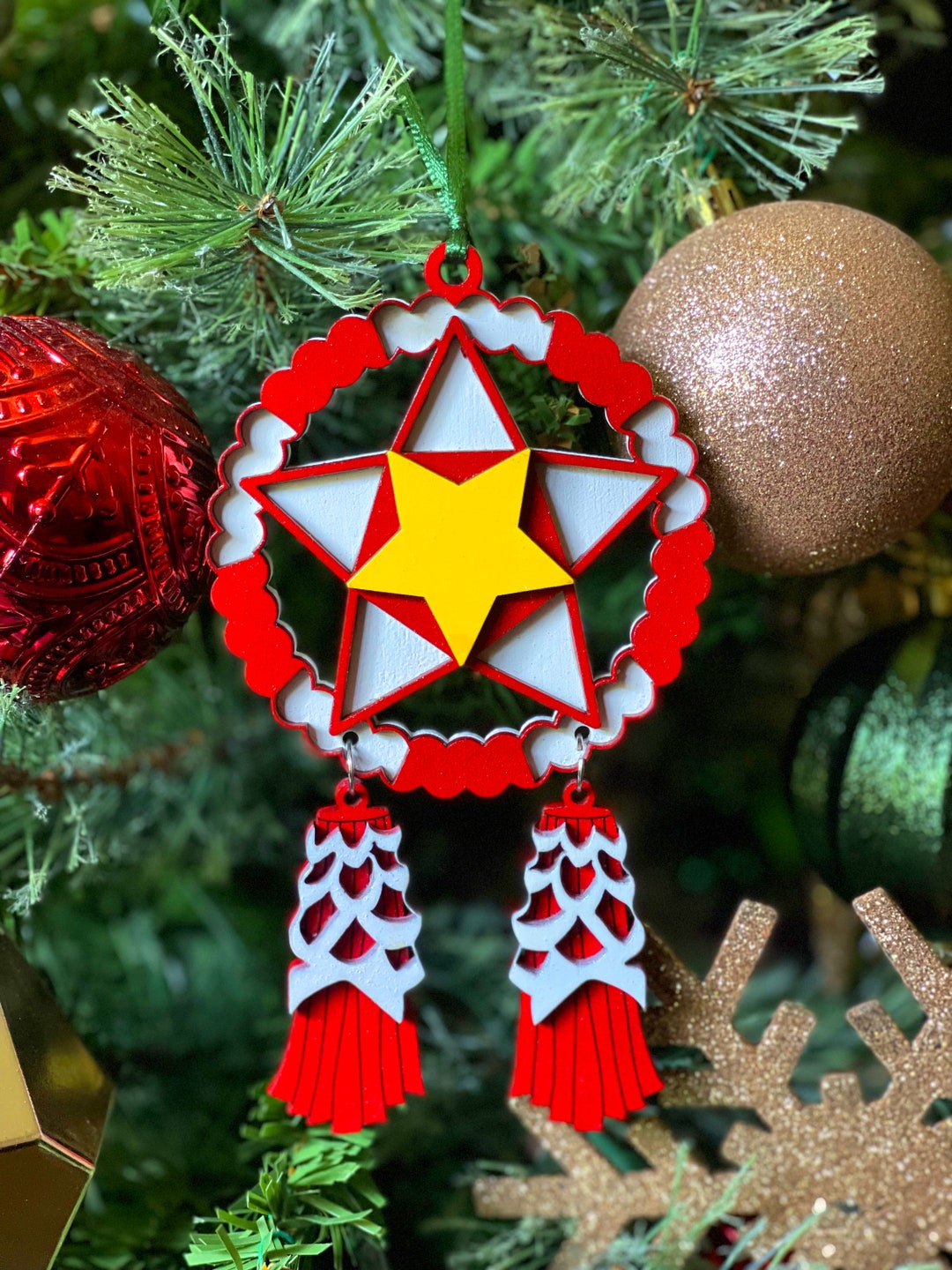 Filipino Parol Wood Ornament - White, Red, Yellow Star - 2022 - Etsy