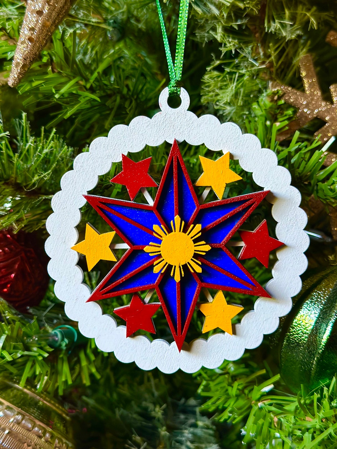 Filipino Parol Round Wood Ornament White, Blue, Red With Stars - Etsy