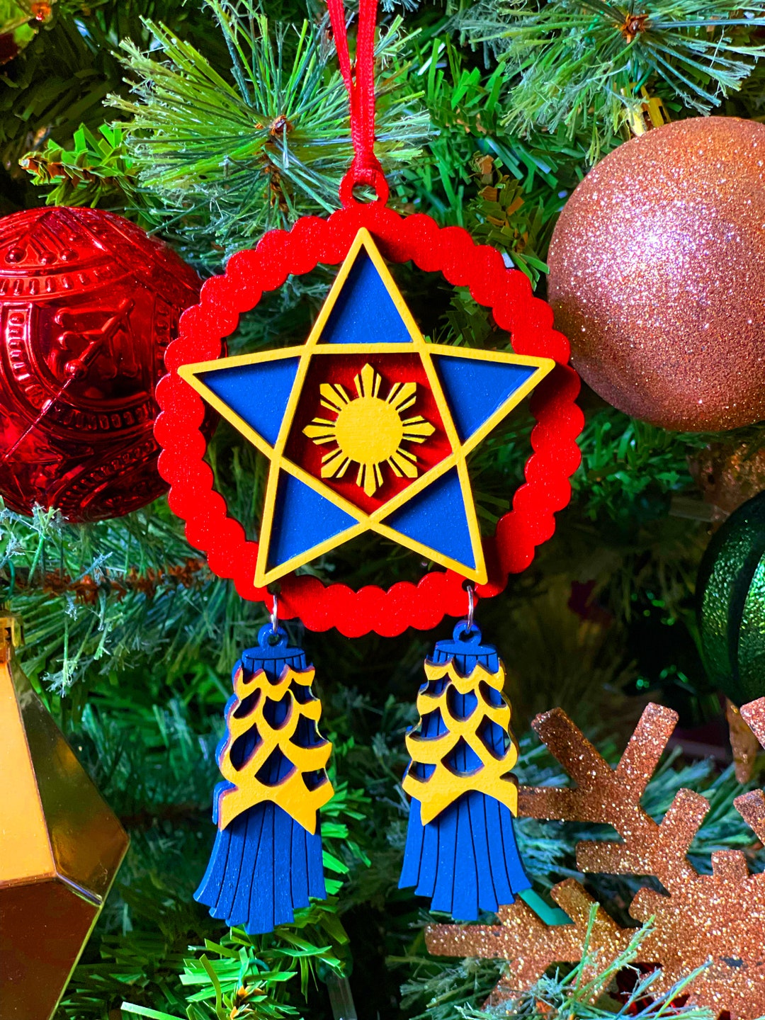 Filipino Parol Wood Ornament - Red, Blue & Yellow - 2022 - Etsy