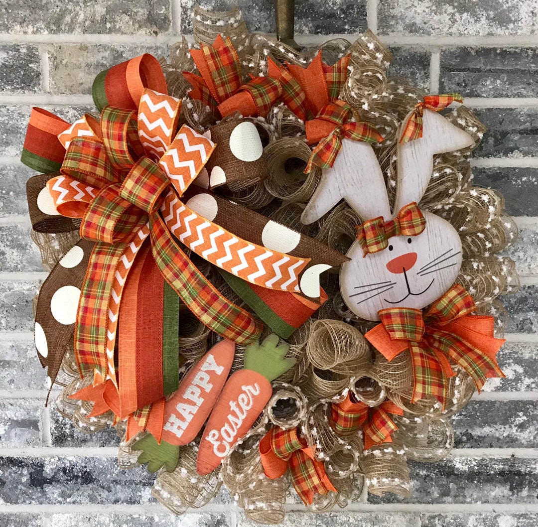 Easter Wreath Rabbit Carrots DecoMesh Easter Wreath Door - Etsy.de