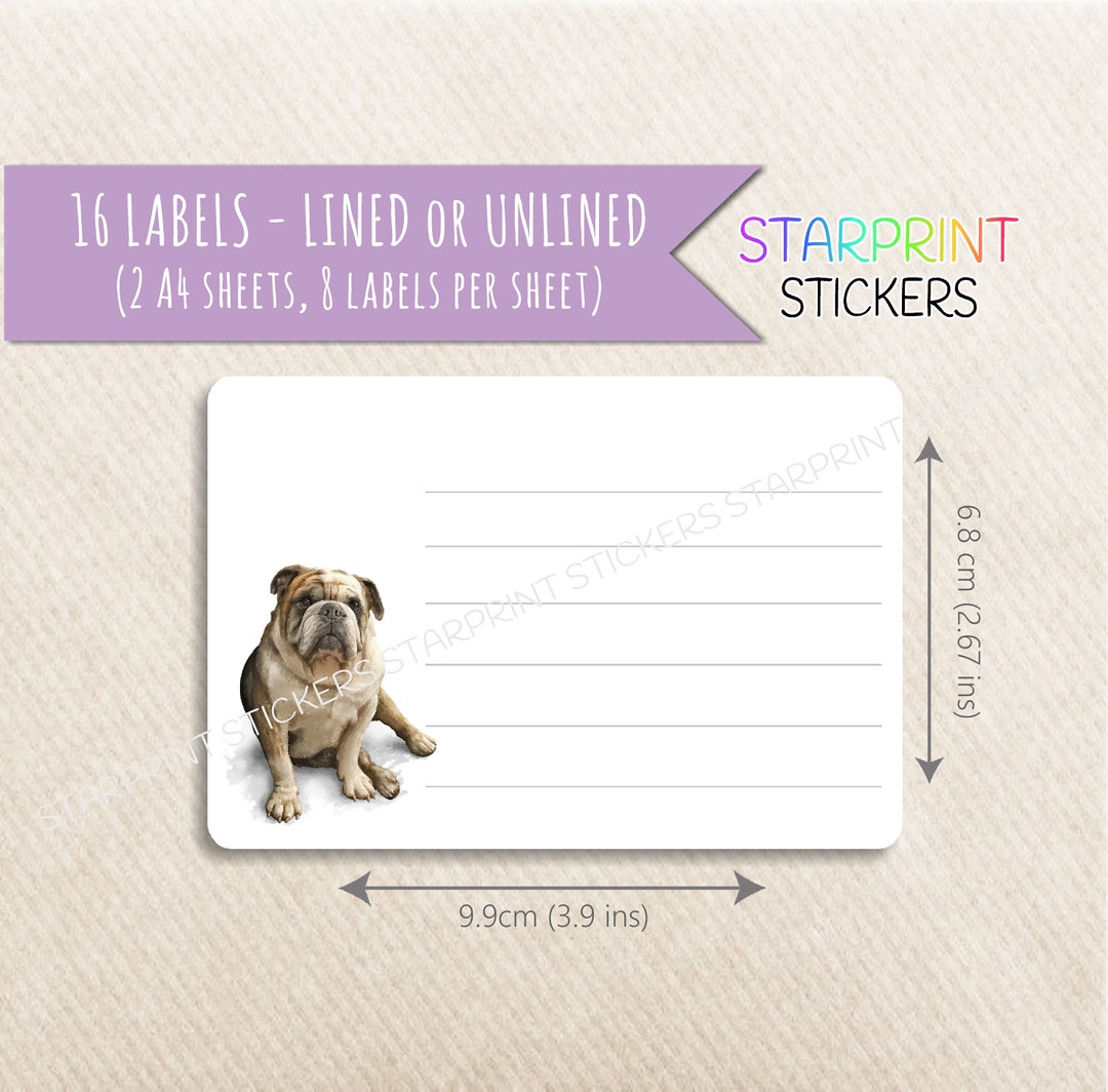 Bulldog Dog Labels, 16 Blank or Lined Multi Purpose Stickers (2 A4 ...