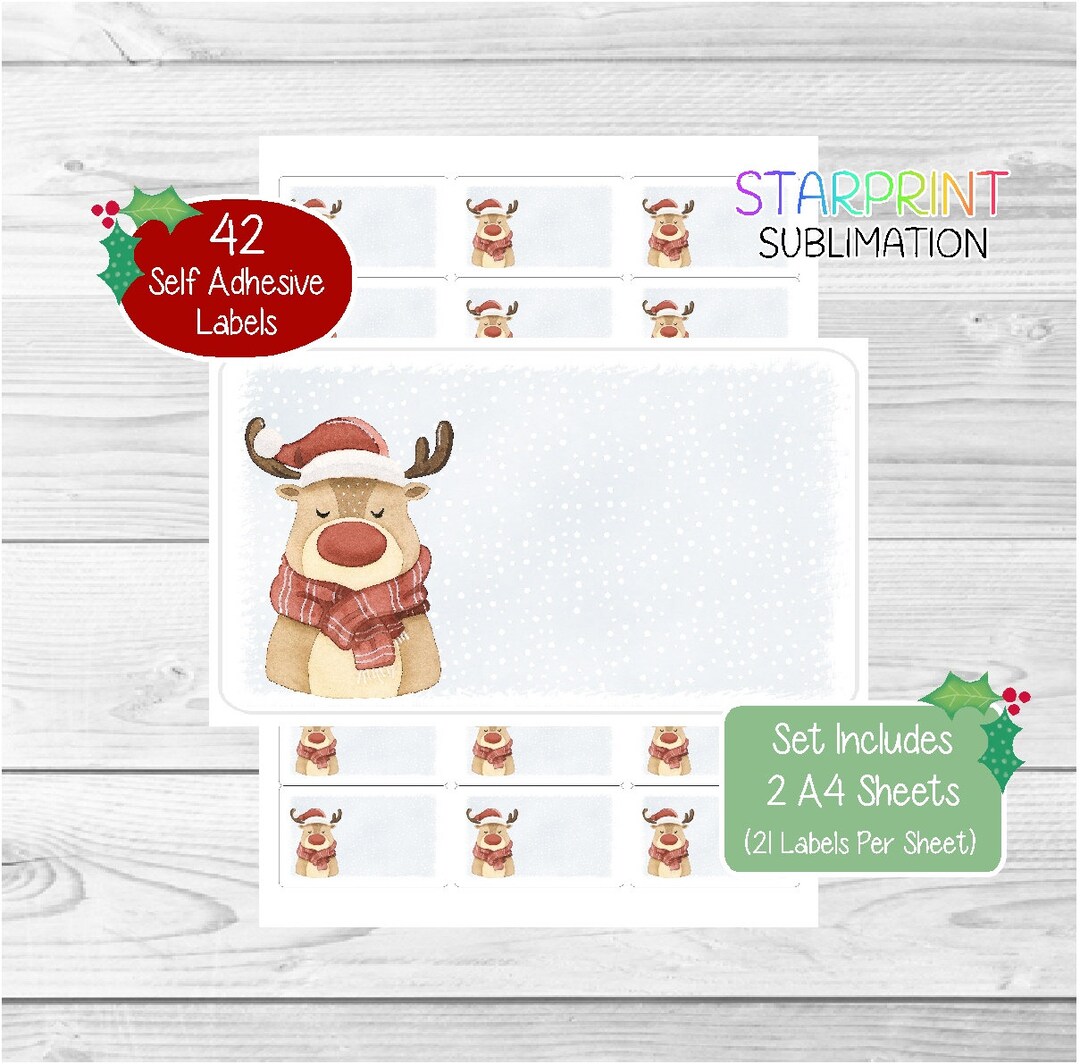 Rudolph Reindeer Christmas Labels, 42 Universal Stickers (2 A4 Sheets ...