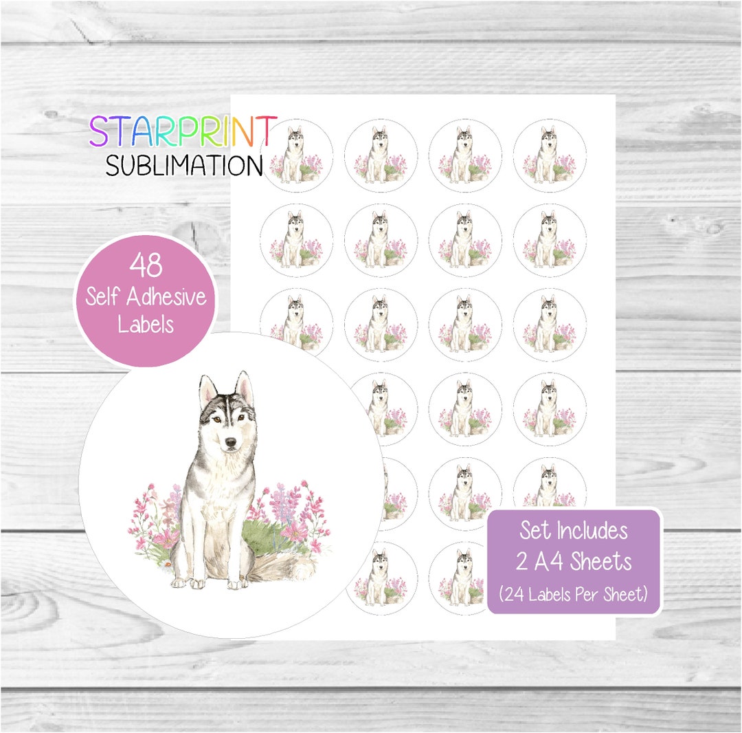 Siberian Husky Dog Stickers, 48 Round Labels (2 A4 Sheets, 24 per Sheet ...