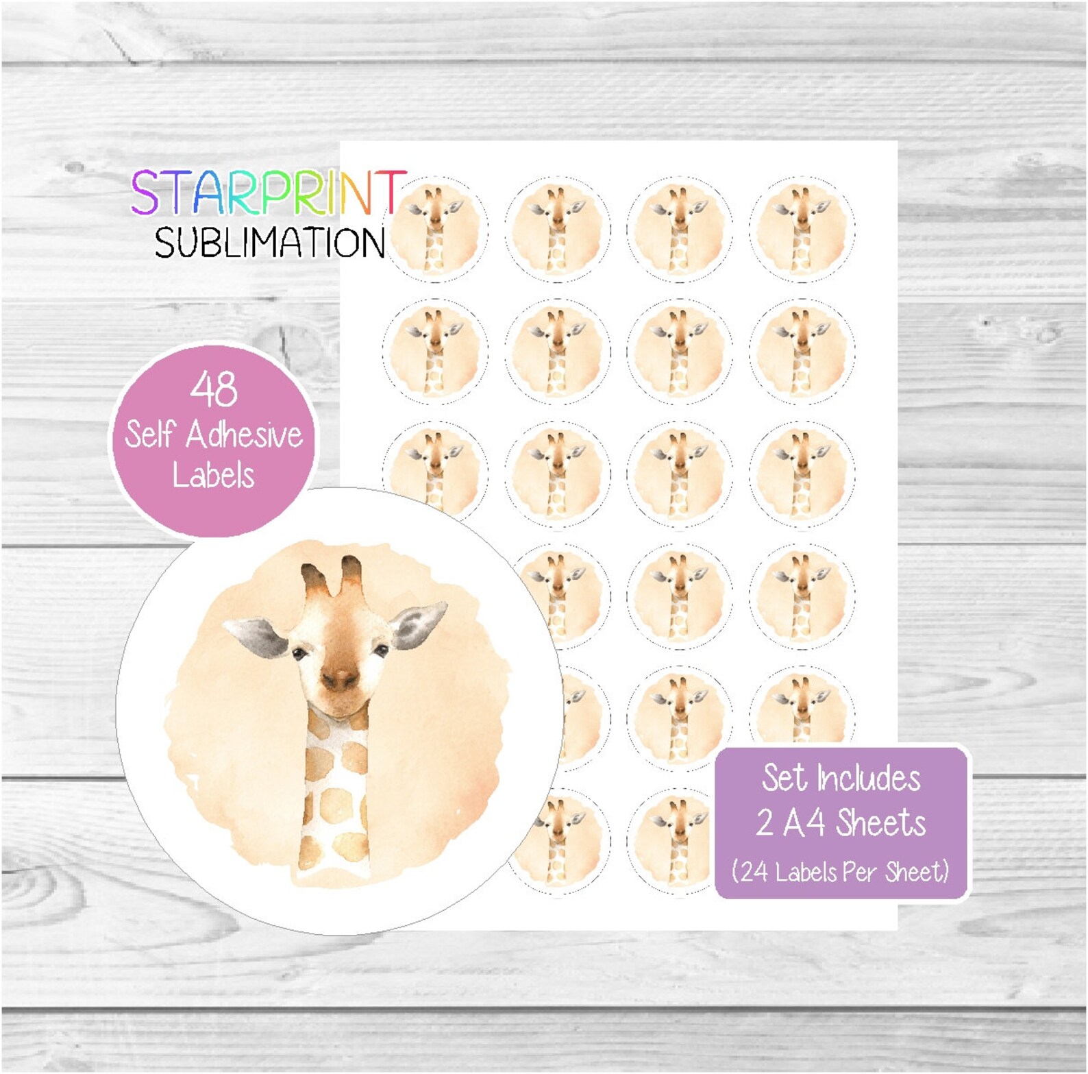 Giraffe Stickers, 48 Round Labels (2 A4 Sheets, 24 per Sheet), Great ...