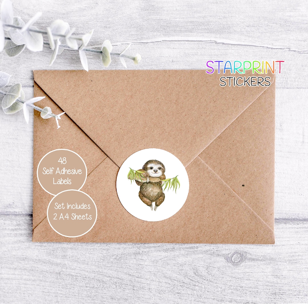 Sloth Stickers, 48 Round Labels (2 A4 Sheets, 24 per Sheet), Great for ...