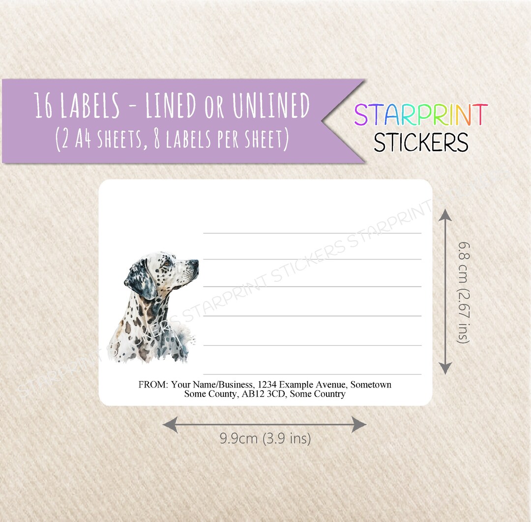 Dalmatian Labels, 16 Stickers (2 A4 Sheets), Personalised 'return ...