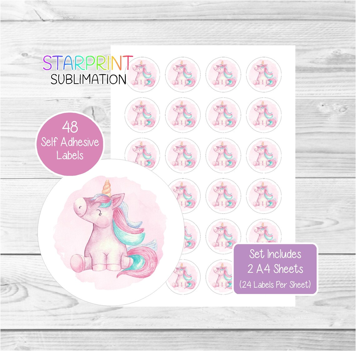 Unicorn Stickers, 48 Round Labels (2 A4 Sheets, 24 per Sheet), Great ...