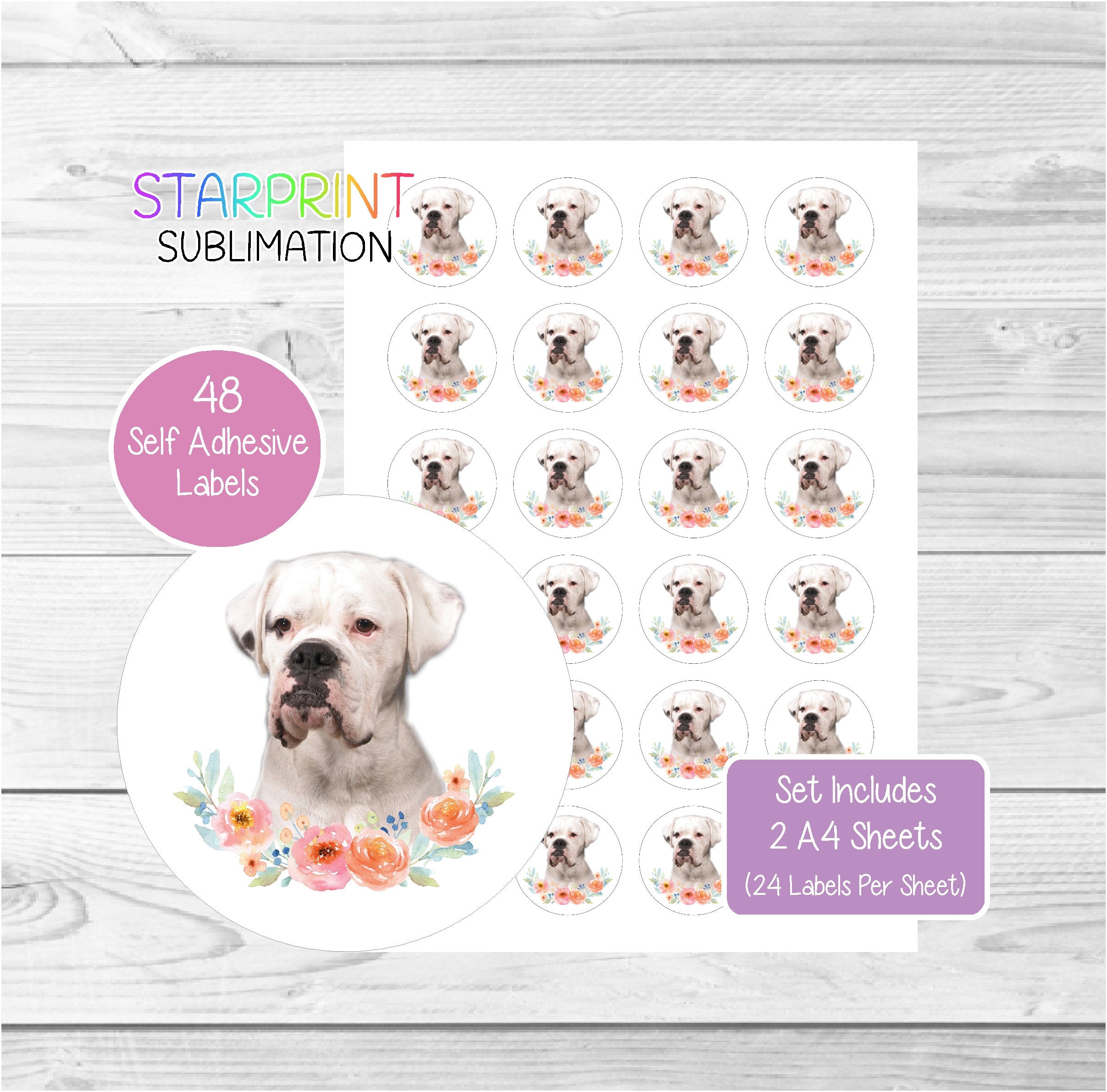 Boxer (white) Dog Stickers, 48 Round Labels (2 A4 Sheets, 24 per Sheet ...