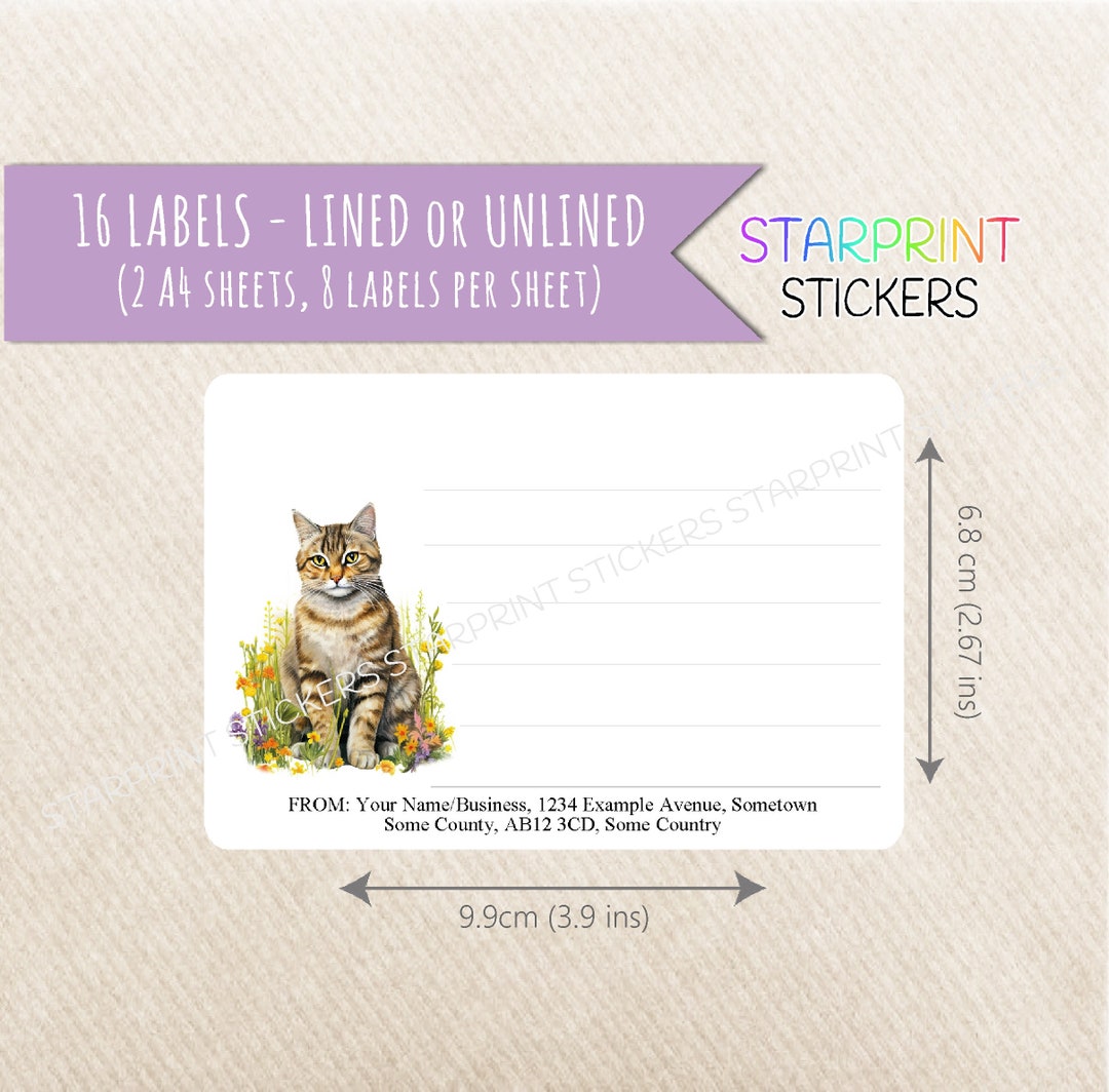 Bobtail Cat Labels,16 Stickers (2 A4 Sheets), Personalised 'return ...