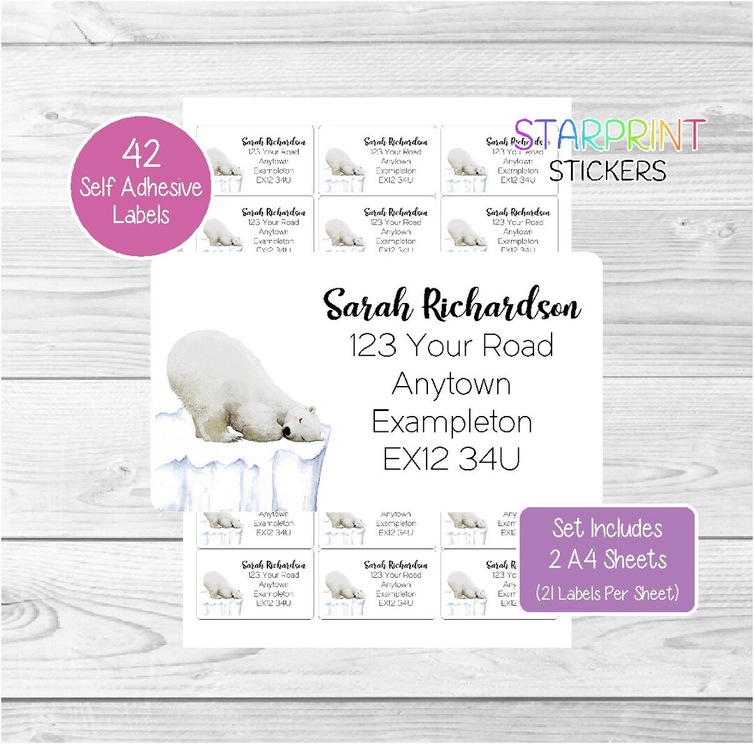 Polar Bear Address Labels, 42 Custom Return Stickers, Set Includes 2 A4 ...