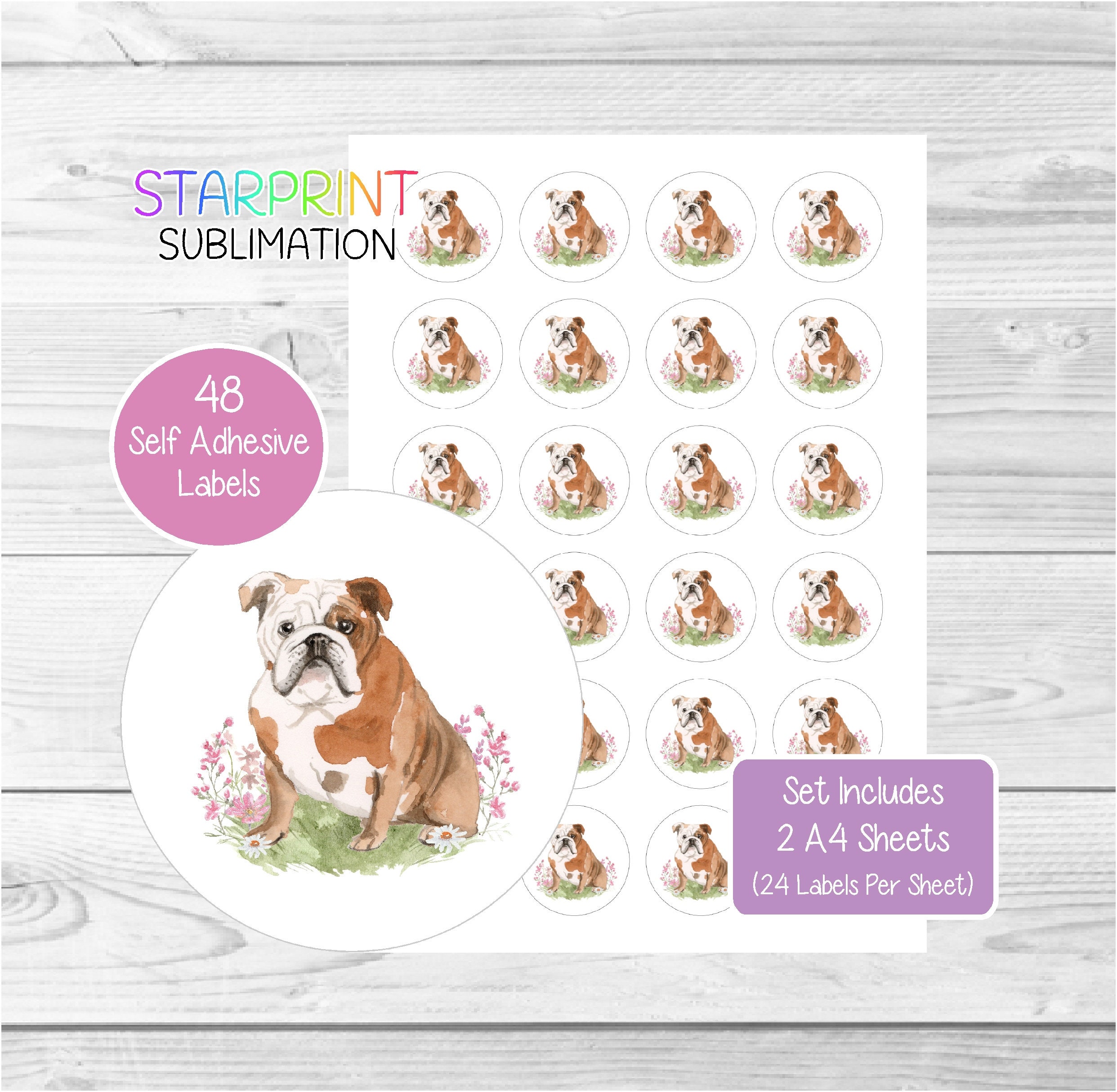 Bulldog Dog Stickers 48 Round Labels 2 A4 Sheets 24 Per | Etsy