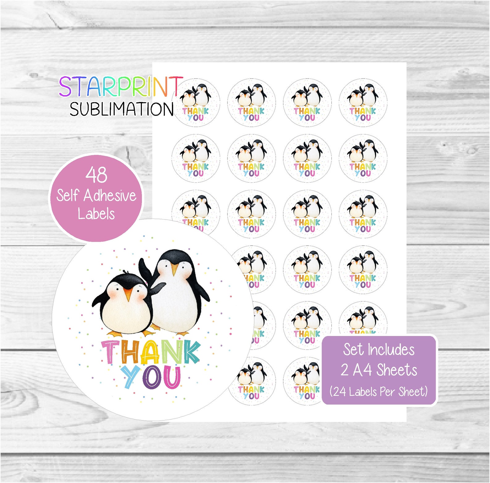 Penguin Thank You Stickers, 48 Round Labels (2 A4 Sheets, 24 per Sheet ...